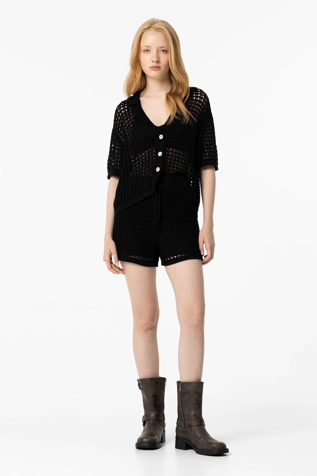 Open Knit Shorts with Drawstring - 10058478_000 | Tiffosi