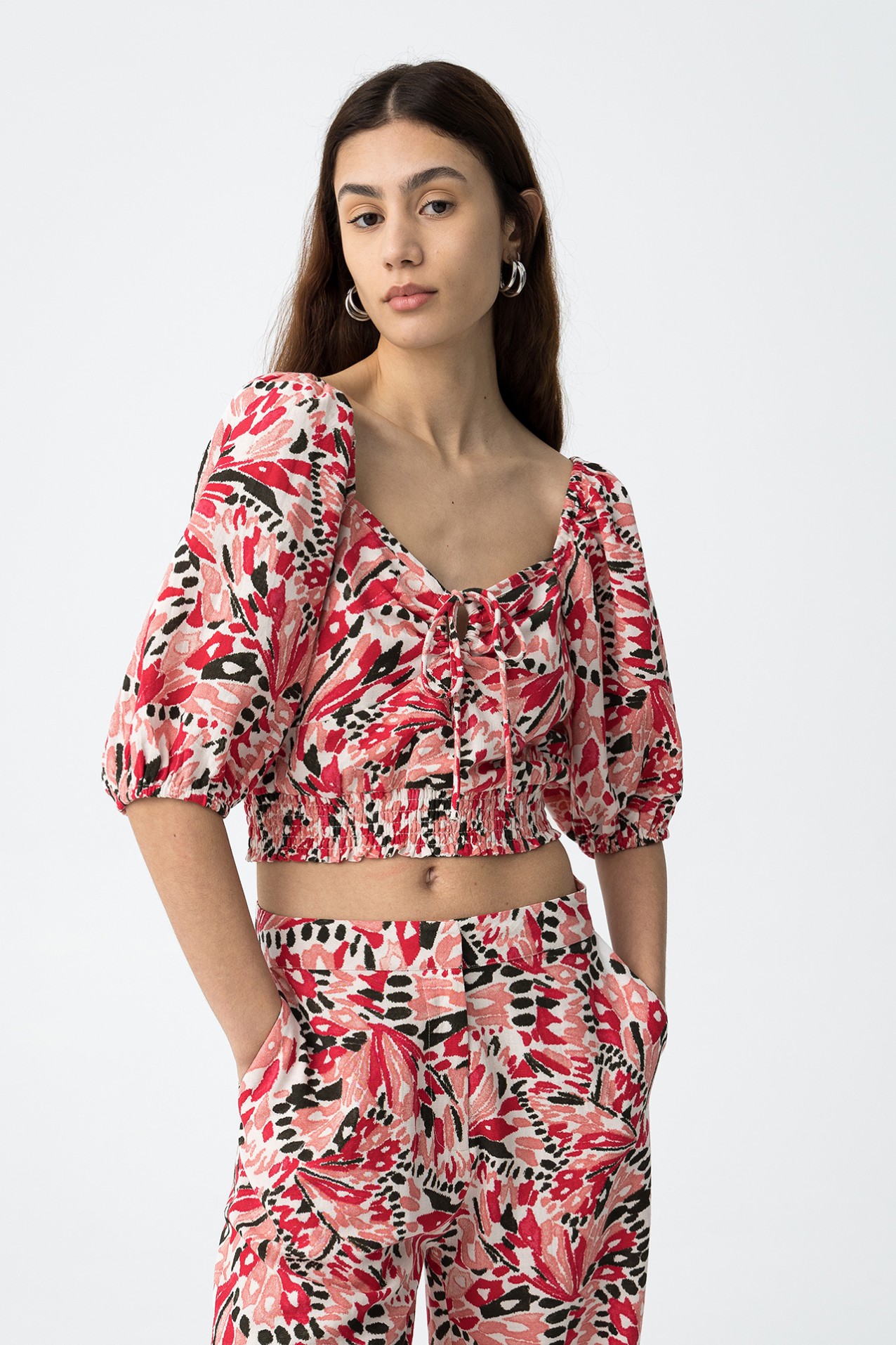 Printed Top with Puff Sleeves - 10063874_634 | Tiffosi