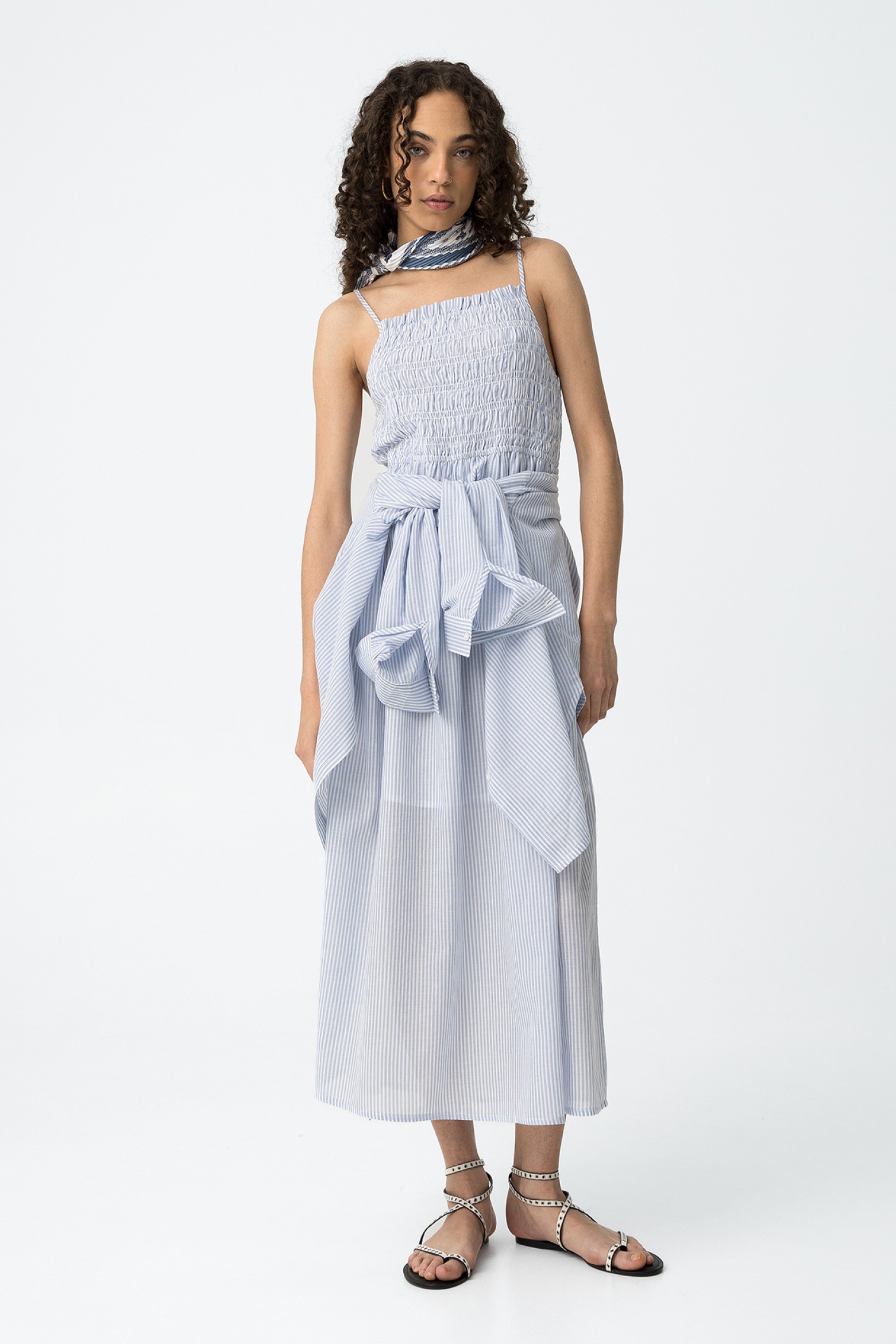 Long Striped Dress with Ruched Effect - 10063725_783 - Tiffosi