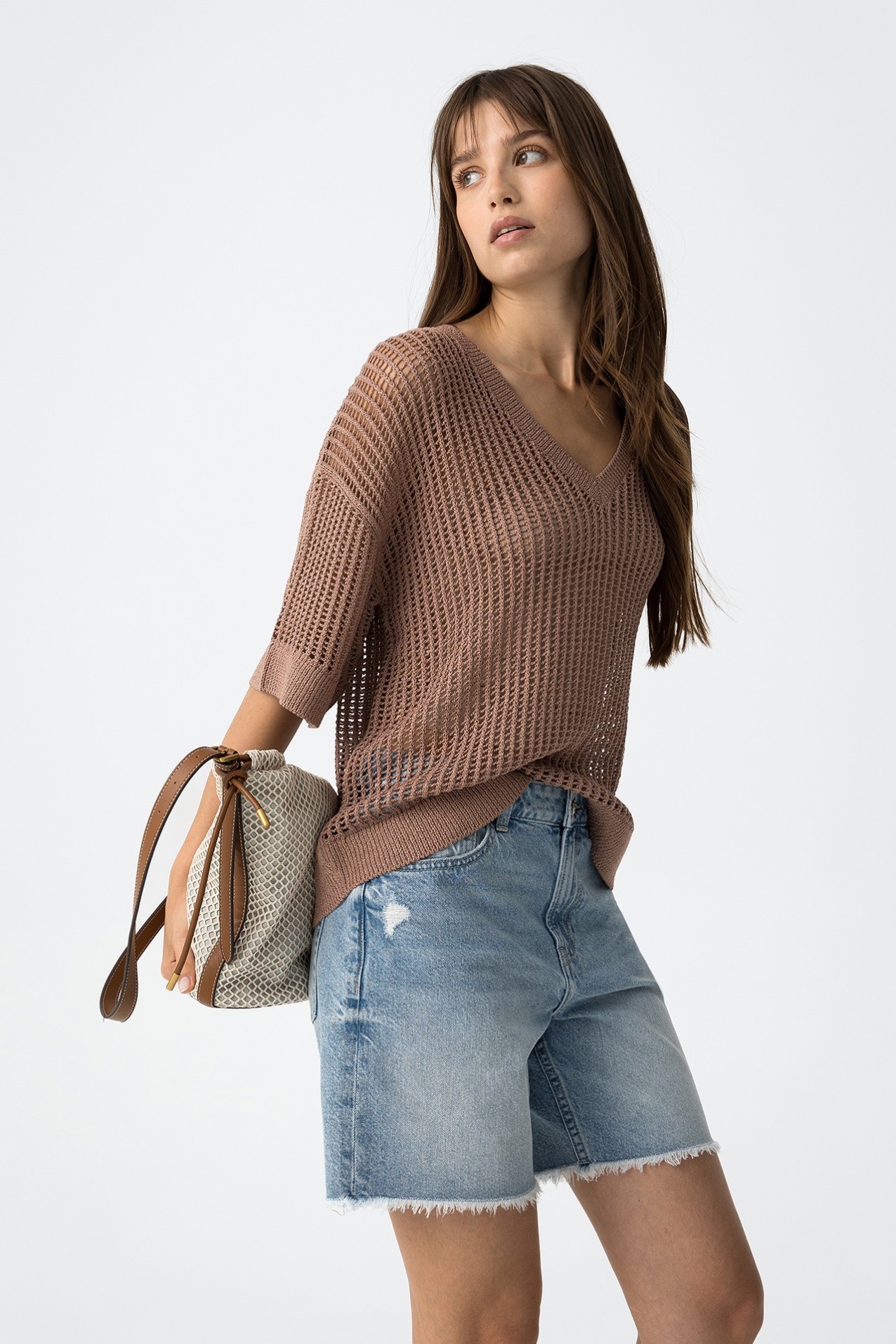 Openwork Crochet Sweater with Shiny Yarn - 10063624_241 - Tiffosi