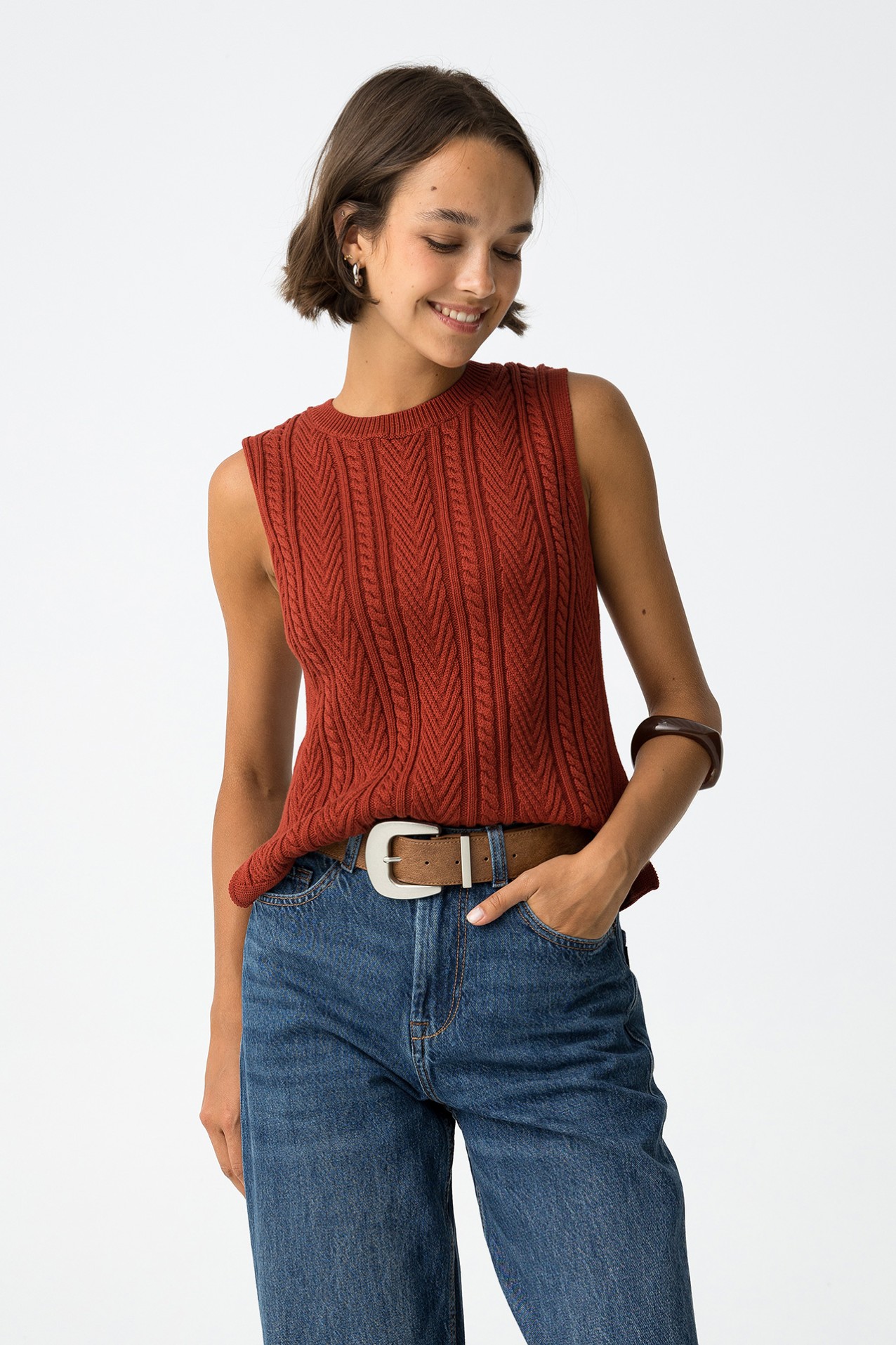 Rust Cable Knit Vest - 10061621_447 - Tiffosi