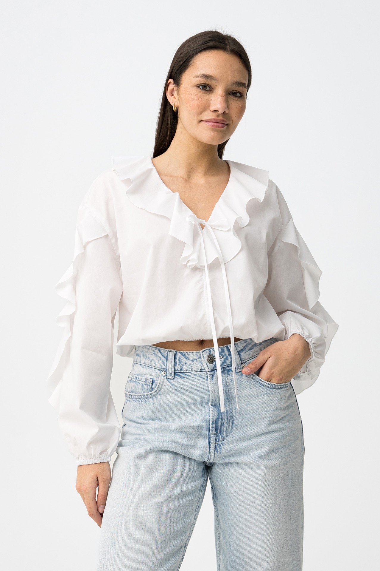 White Ruffled Long Sleeve Blouse - 10066594_001 - Tiffosi